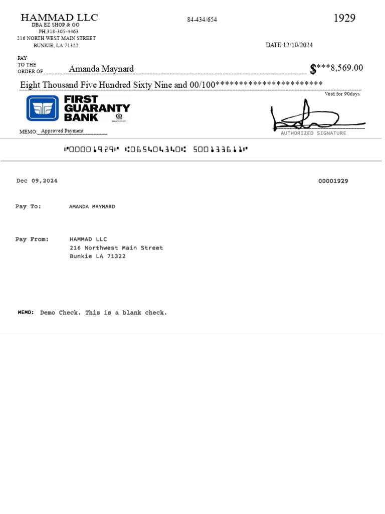 Demo Check for Hammad LLC Payment | PDF
