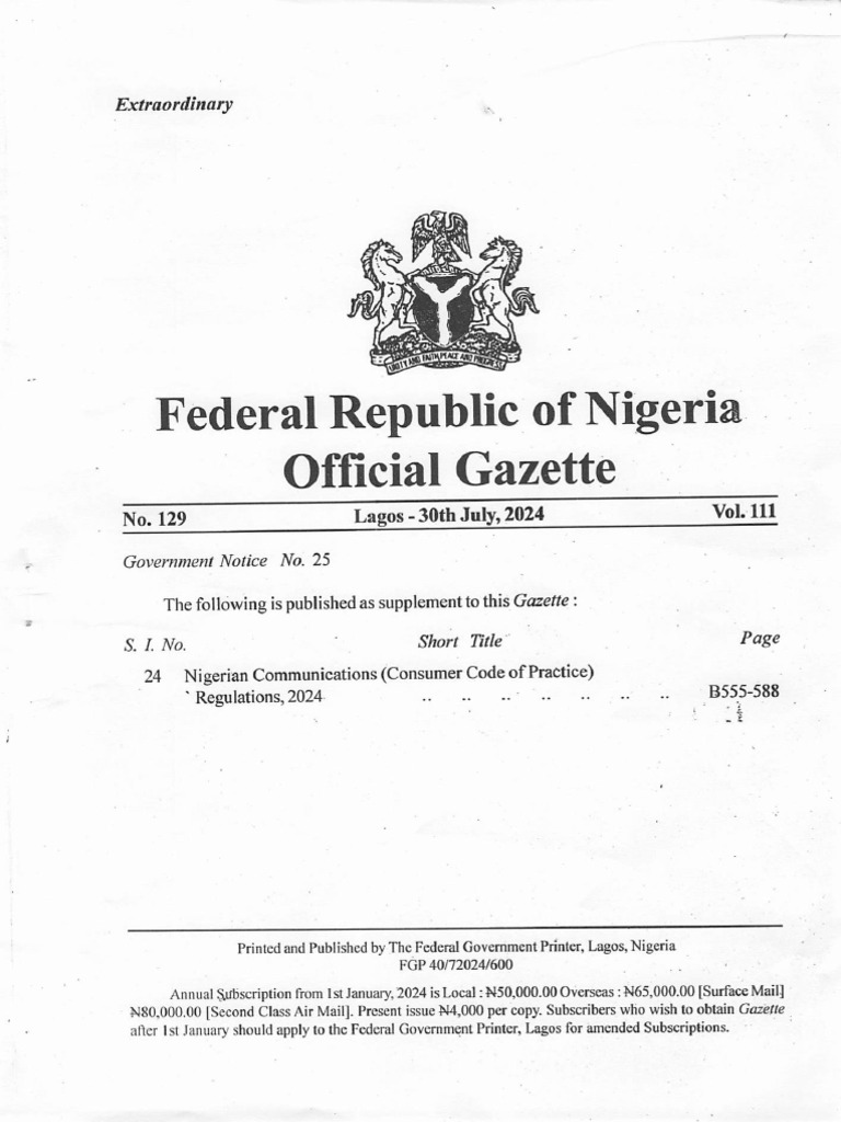 S.I. No. 24 - Nigerian Communications (Consumer Code of Practice) Regulations 2024 | PDF