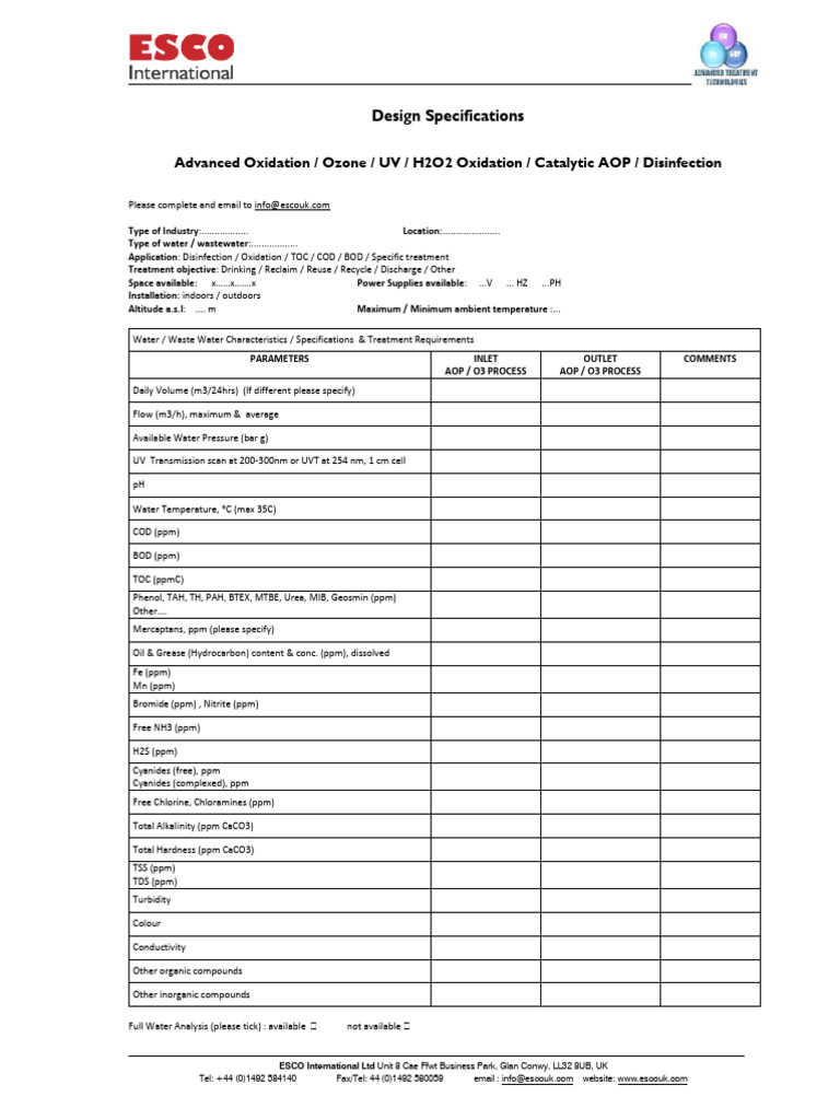 AOP OZONE UV H2O2 DESIGN Questionnaire R2020 | PDF | Water Purification ...