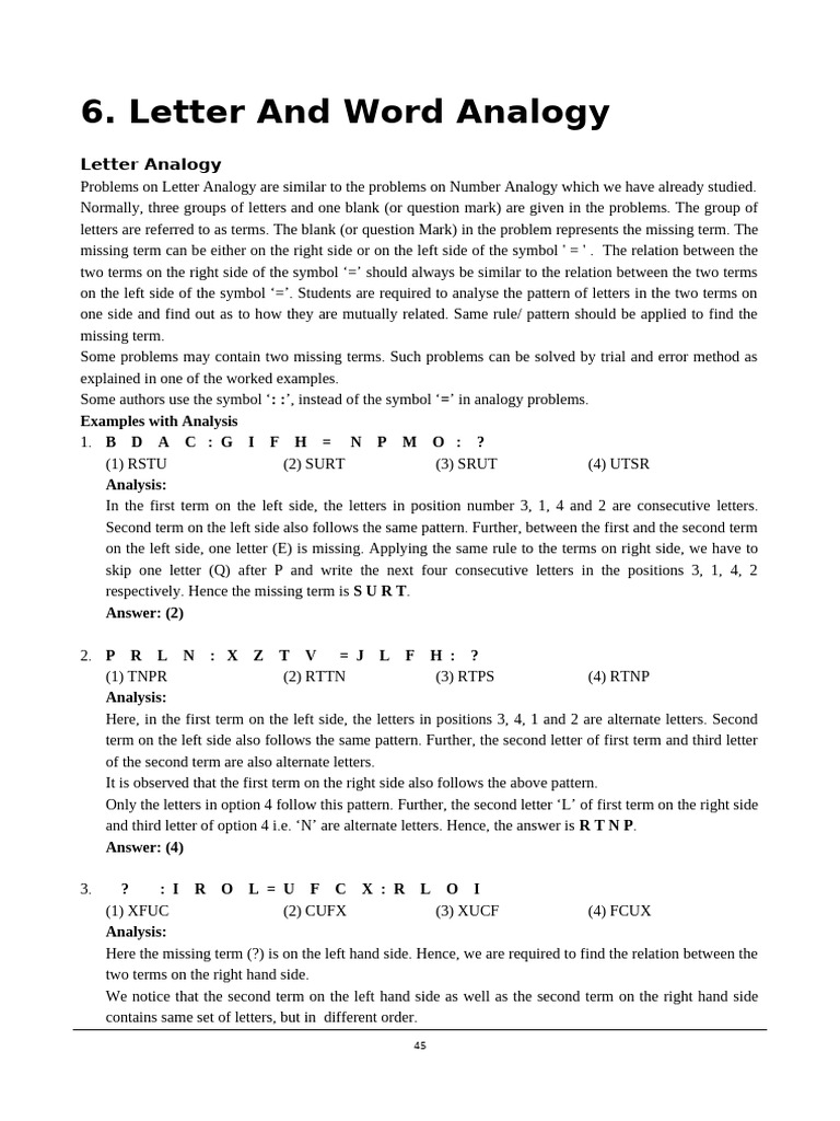 Letter and Word Analogy Problems | PDF