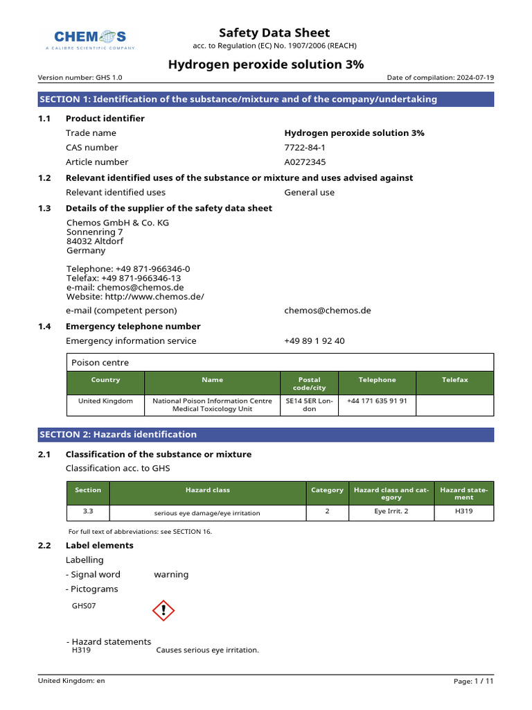 Safety Data Sheet Hydrogen Peroxide Solution 3% | PDF | Occupational Safety And Health | Working ...
