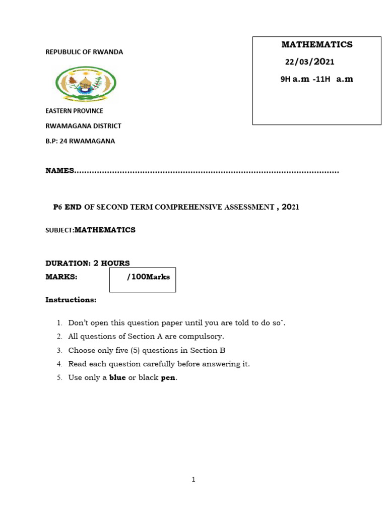 P6 MATHS EXAMINATION PPER One-1 | PDF | Mathematics