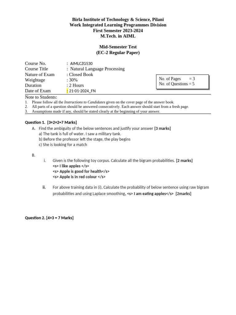 NLP Midsem Paper Jan 2024 Regular exam | PDF | Applied Mathematics | Machine Learning