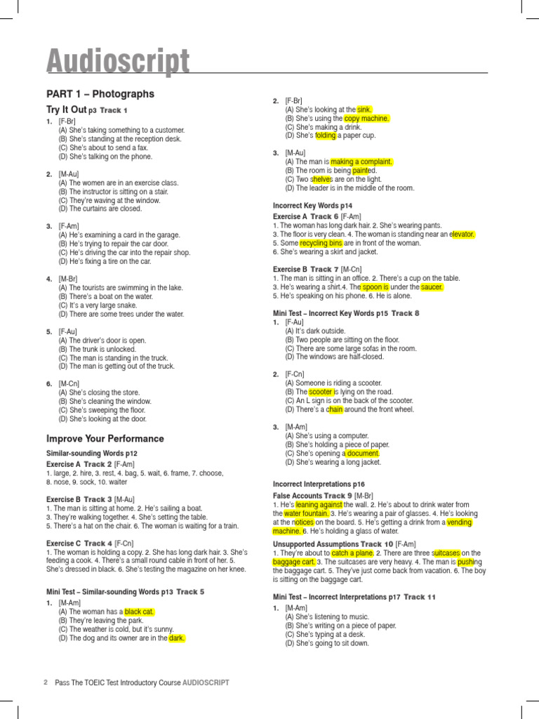 Toeic Introductory Audioscript Answer Key Compress | PDF | Bed