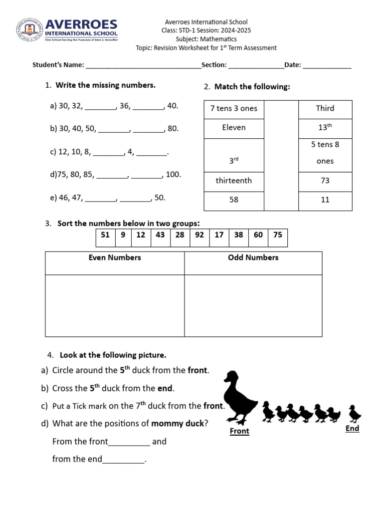 1st Grade Math Revision Worksheet | PDF