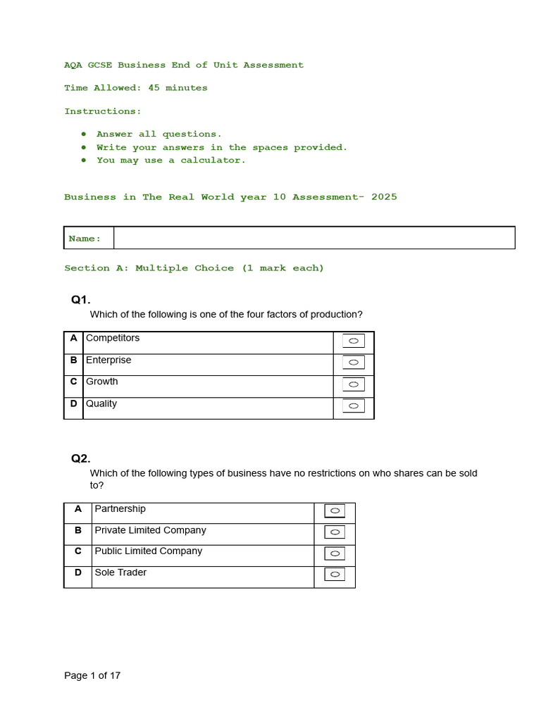 Year 10 Business Assessment 2025 | PDF | Business | Economies