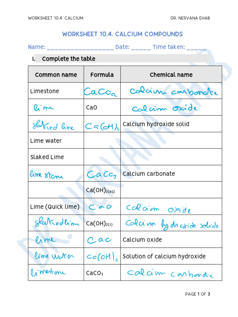 Calcium Compounds Worksheet | PDF