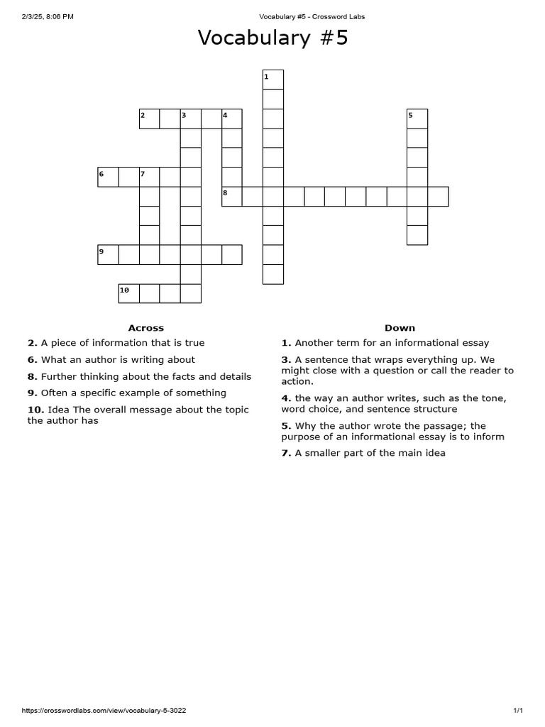 Informational Essay Vocabulary Crossword | PDF