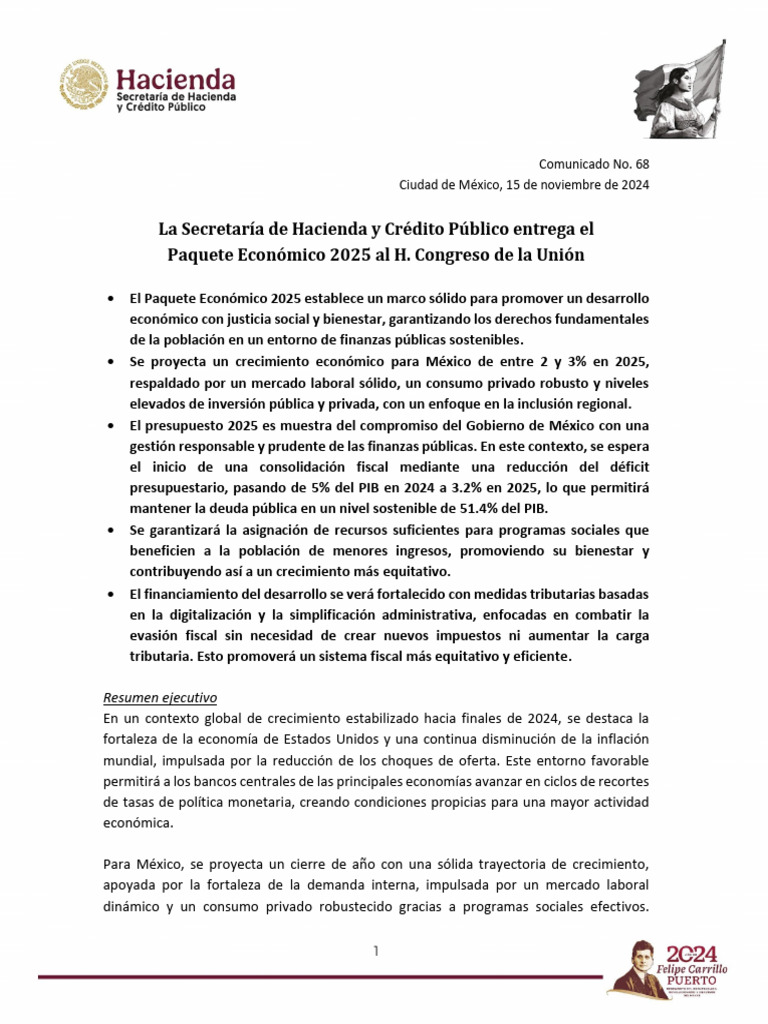 Secretar A de Hacienda y CR Dito P Blico Entrega El Paquete Econ Mico 2025 Al H. Congreso de La ...