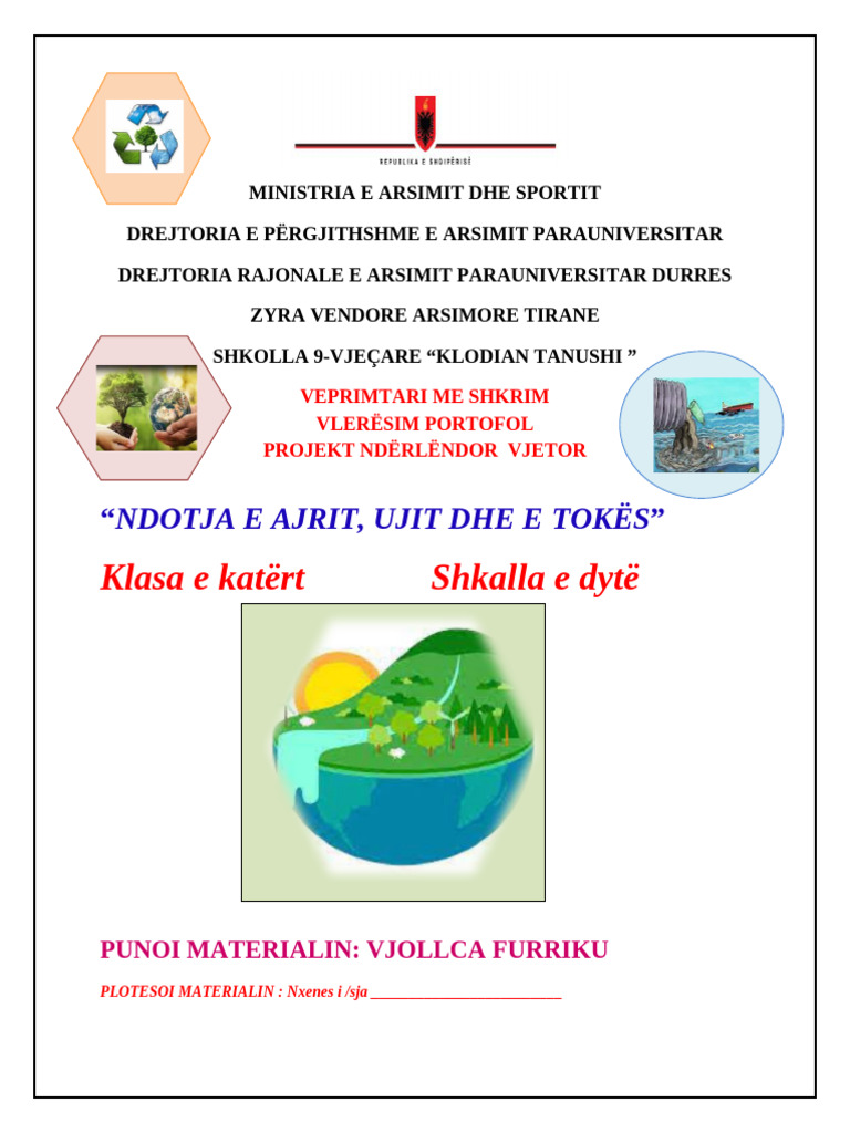 Projekt 'Ndotja e Ajrit, Ujit Dhe e Tokes' KL 4 Veprimtari Per Nxenesit ...