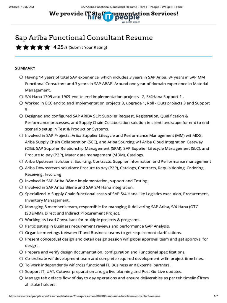 SAP Ariba Functional Consultant Resume | PDF | Business Process | Unit ...