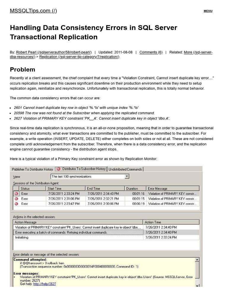 Handling Data Consistency Errors in SQL Server Transactional ... Handling Data Consistency Errors in SQL Server Transactional ...