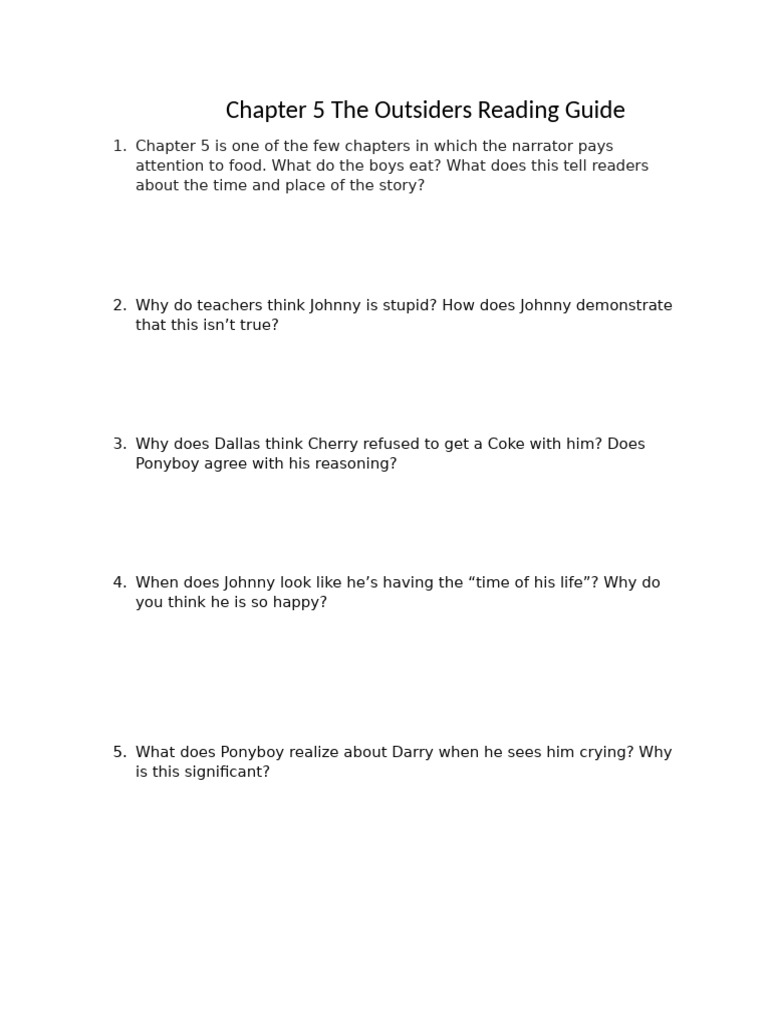 Chapter 5 The Outsiders Reading Guide | PDF