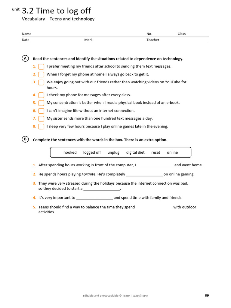 Unit 3.2 Vocabulary - Teens and Technology (A) Page 89 | PDF