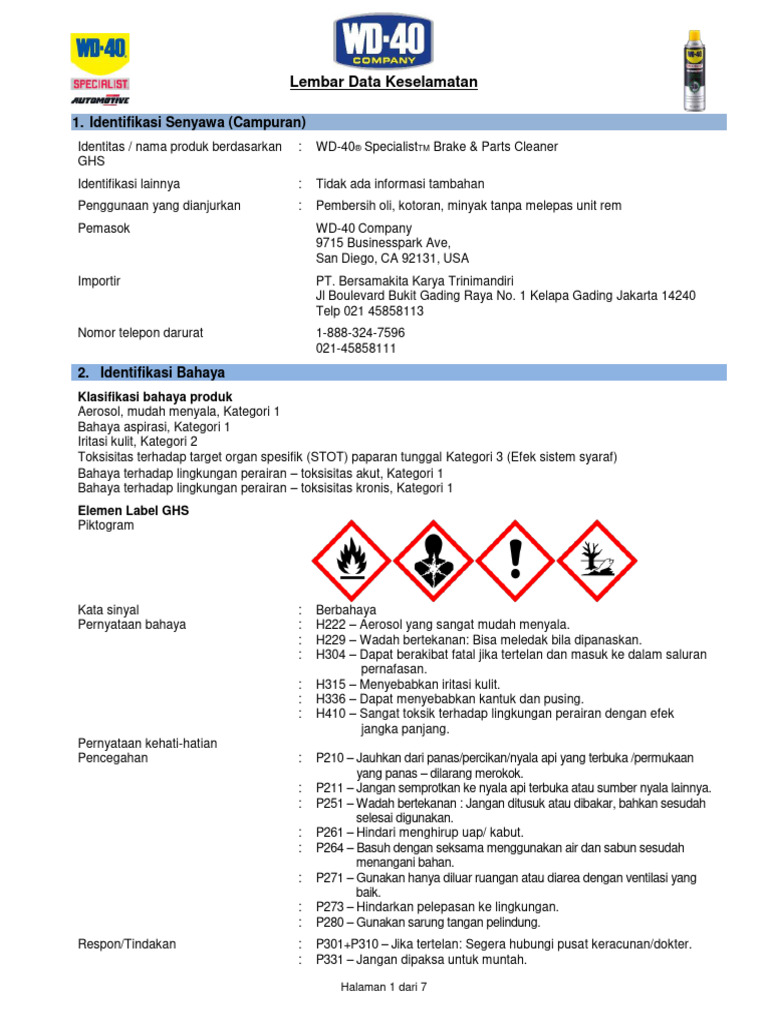 SDS WD-40 Specialist Automotive Brake Parts Cleaner-Indonesia | PDF