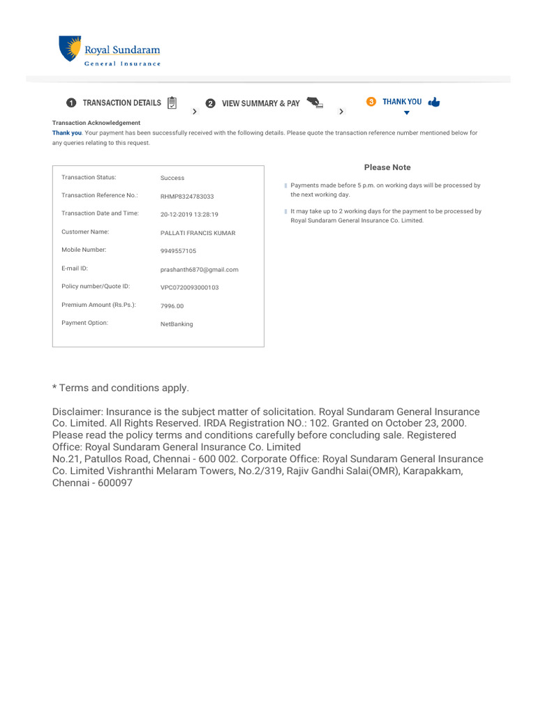 Successful Insurance Payment Receipt | PDF