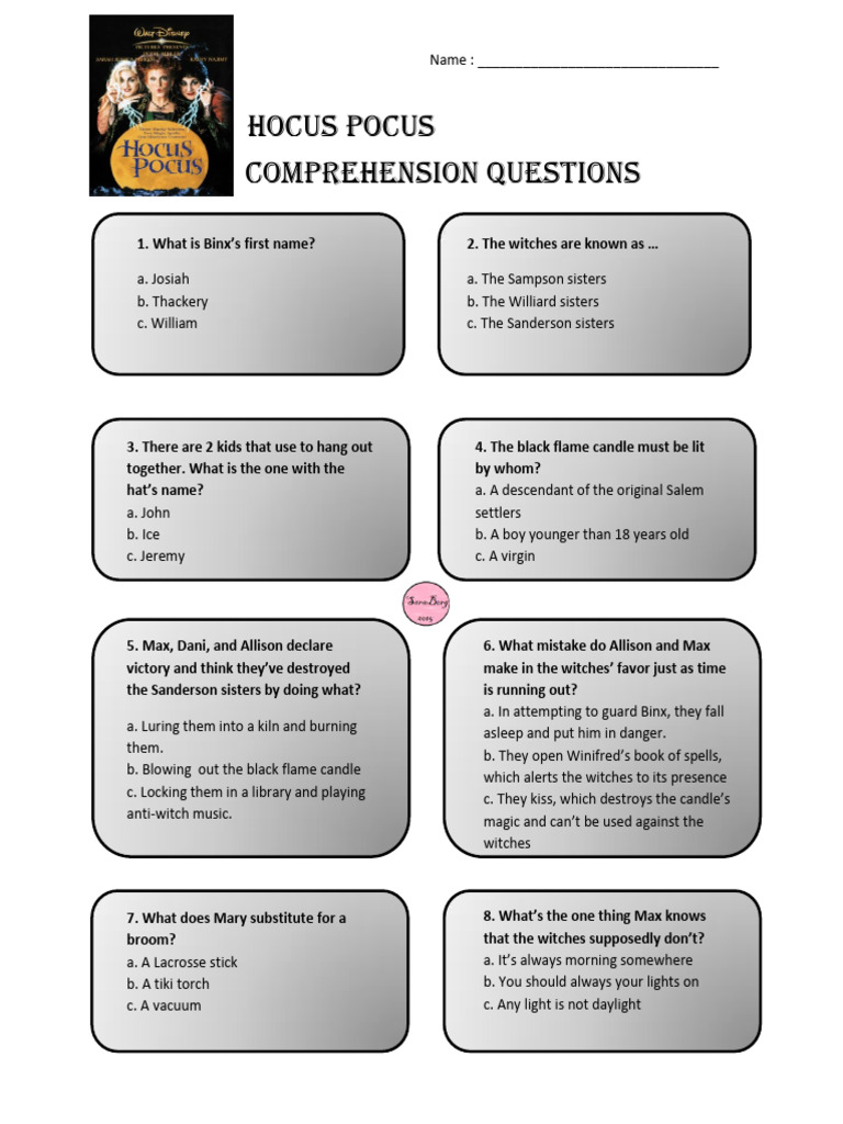 Hocus Pocus Comprehension Questions | PDF