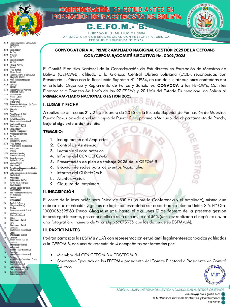 Convocatoria Ampliado Nacional de La CEFOM-B CON No. 0002-2025 | PDF