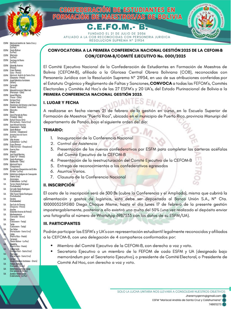 Convocatoria Conferencia Nacional de La CEFOM-B CON No. 0001-2025 | PDF