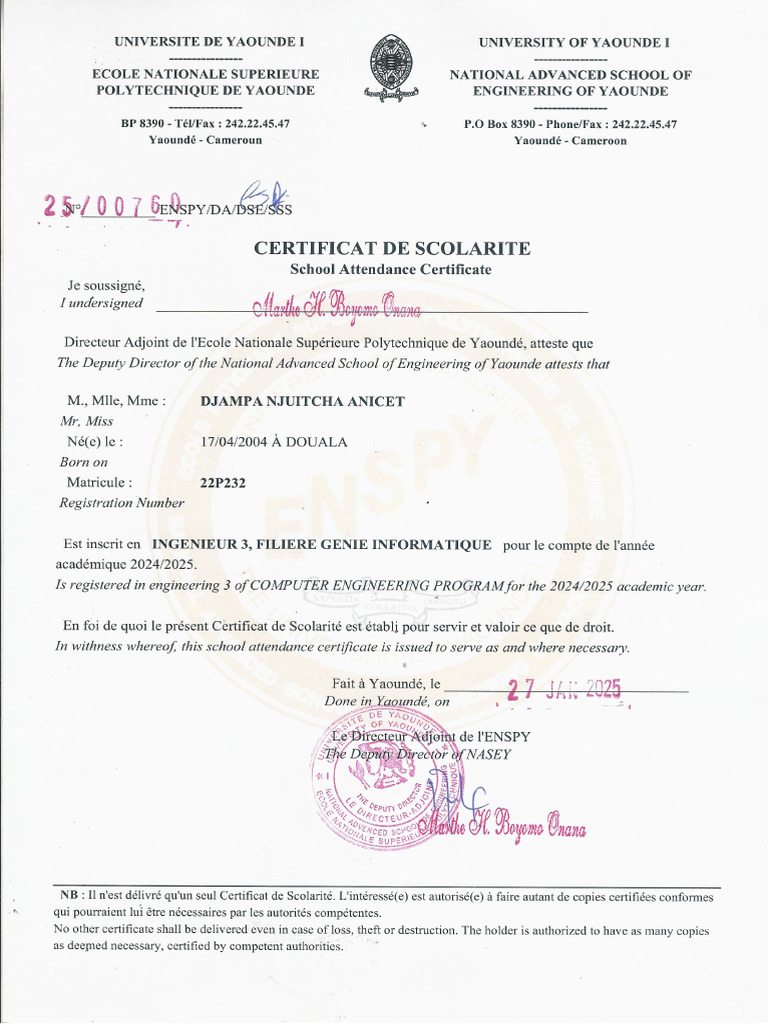 Certificat de Scolarite | PDF