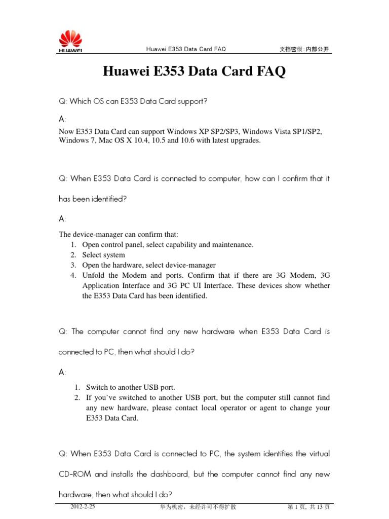 Huawei E353 Data Card FAQ | PDF | Device Driver | Microsoft Windows