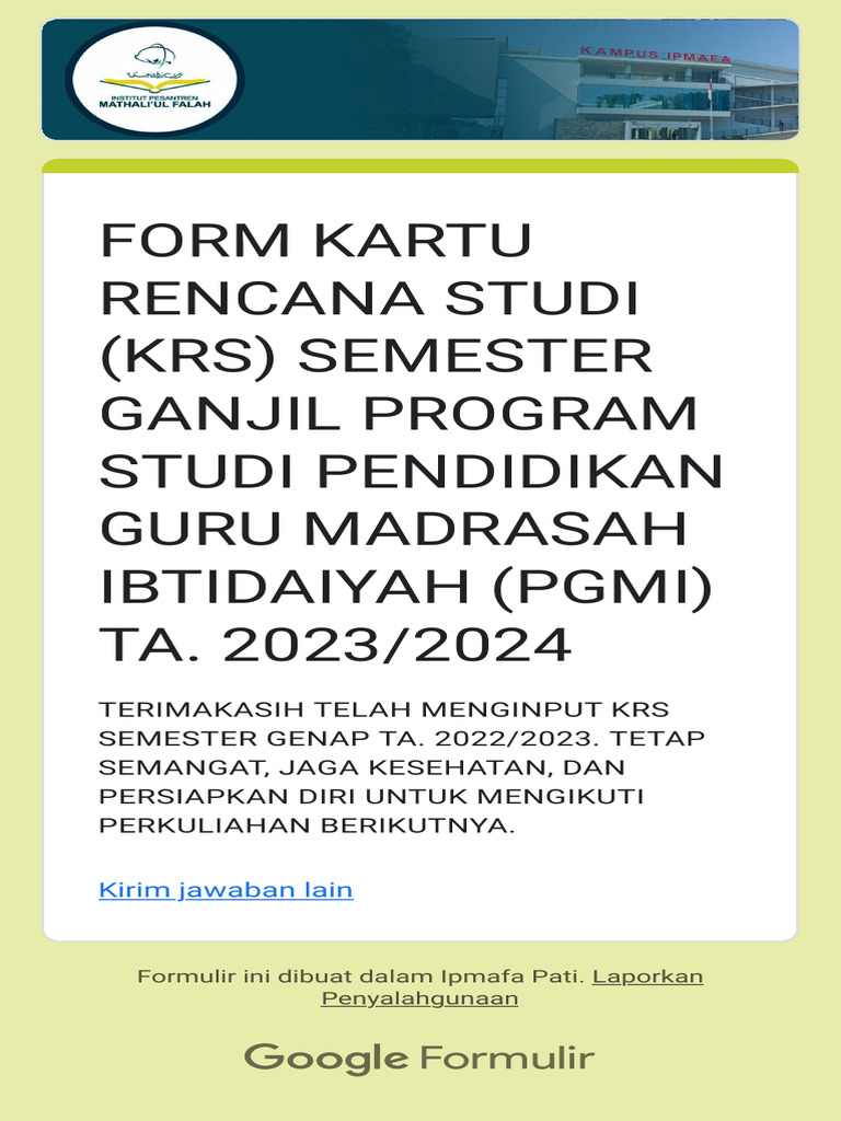 Form Kartu Rencana Studi (Krs) Semester Ganjil Program Studi Pendidikan Guru Madrasah Ibtidaiyah ...