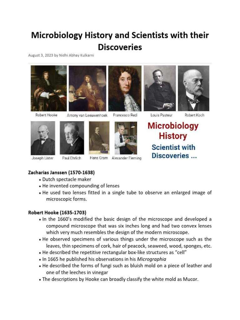 Reading Material 2 History of Microbiology and Scientists With Their ...