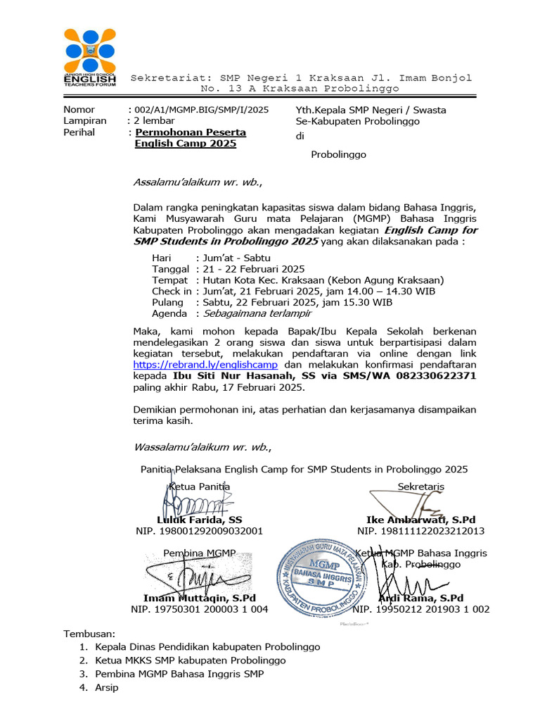 Surat Permohonan Delegasi Peserta English Camp 2025 | PDF