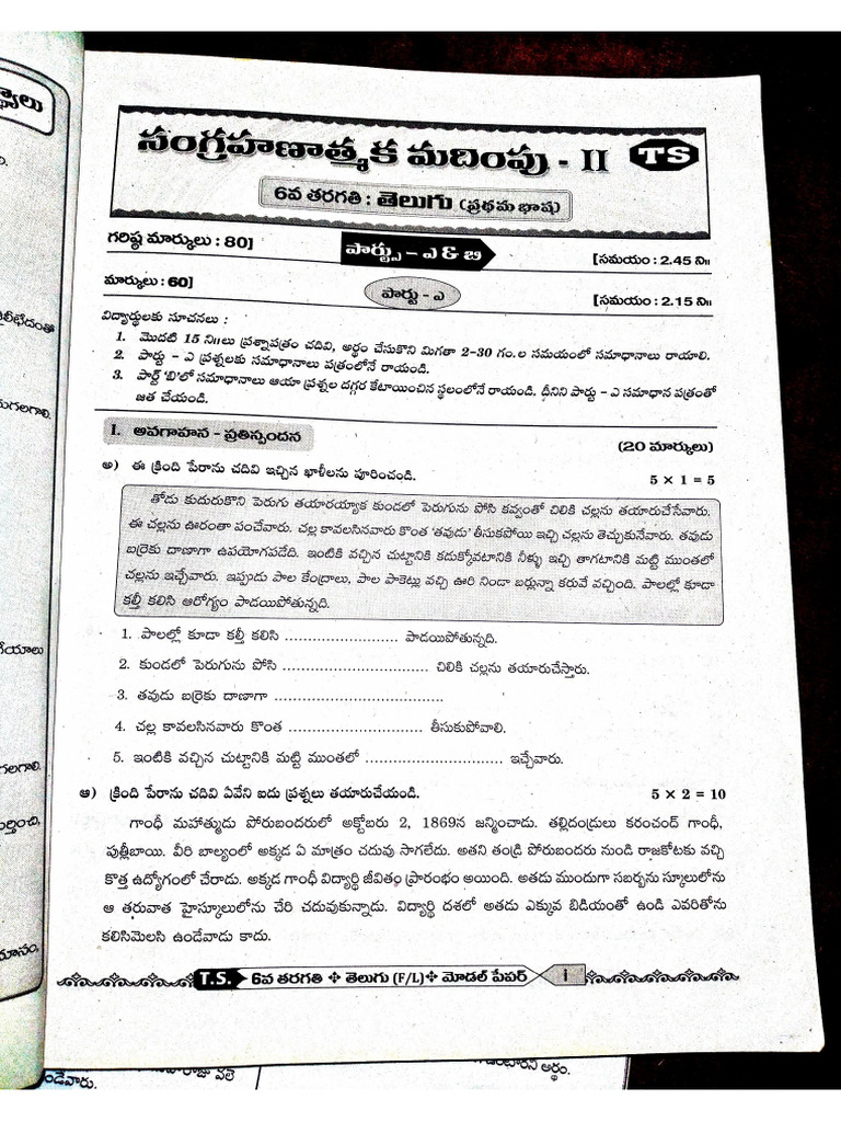 TS Class 6th 2024 Telugu Question Paper | PDF