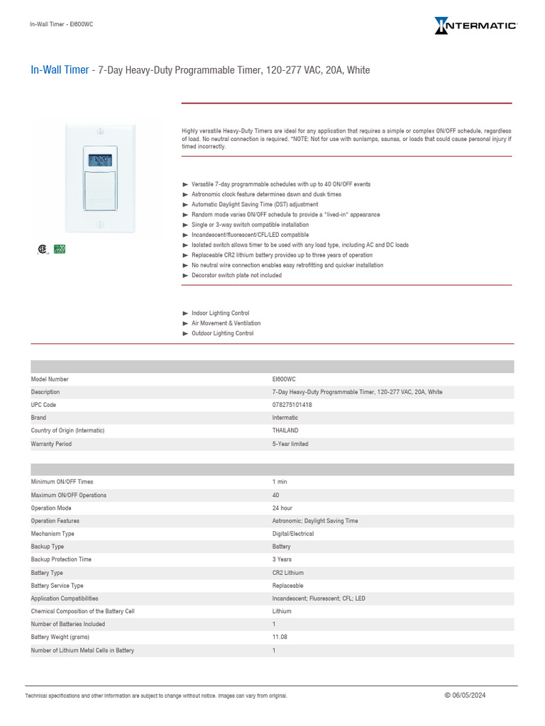 7-Day Programmable In-Wall Timer EI600WC | PDF | Alternating Current ...
