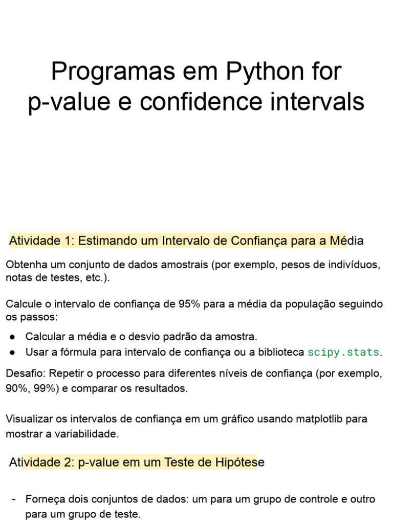 Programas em Python for p-value e confidence intervals | PDF