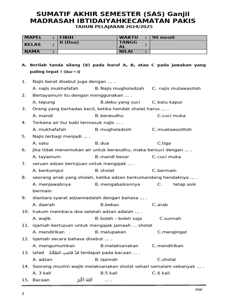 Naskah Sas Ganjil Kelas 2 2024-2025 | PDF