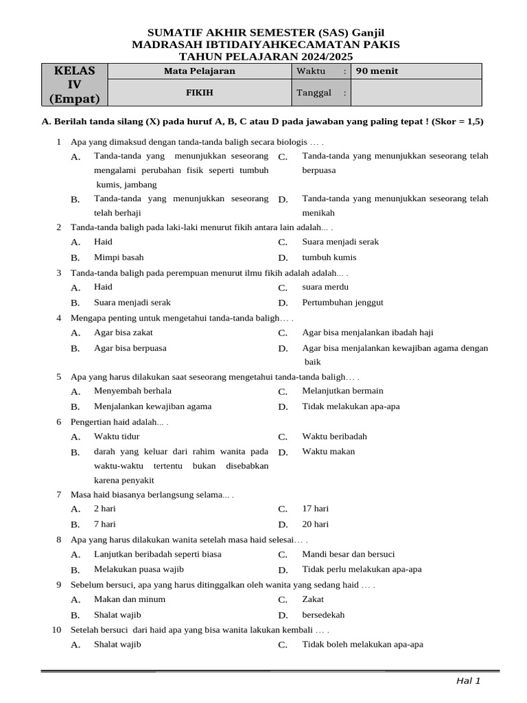 Naskah Sas Ganjil Kelas 4 2024-2025 | PDF