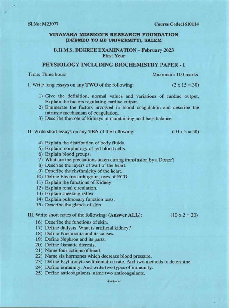 Physiology Previous Question Paper | PDF