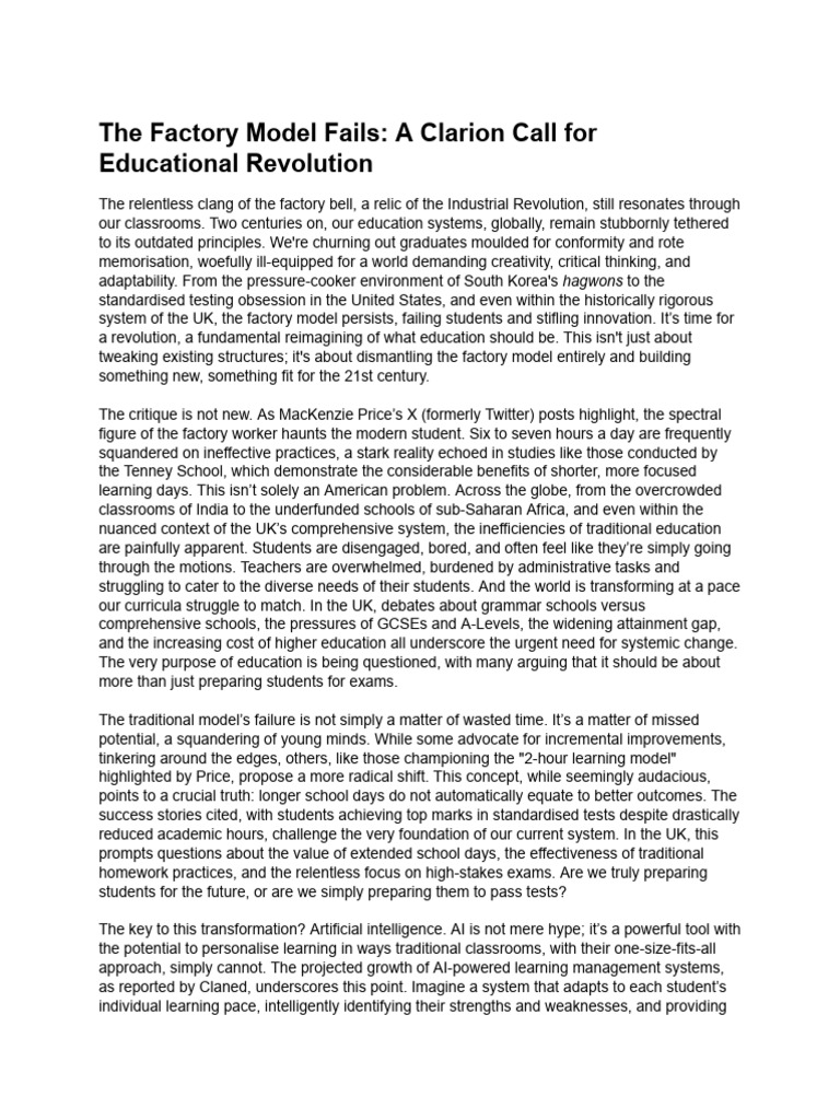 Educational Revolution: Ending the Factory Model | PDF | Artificial ...
