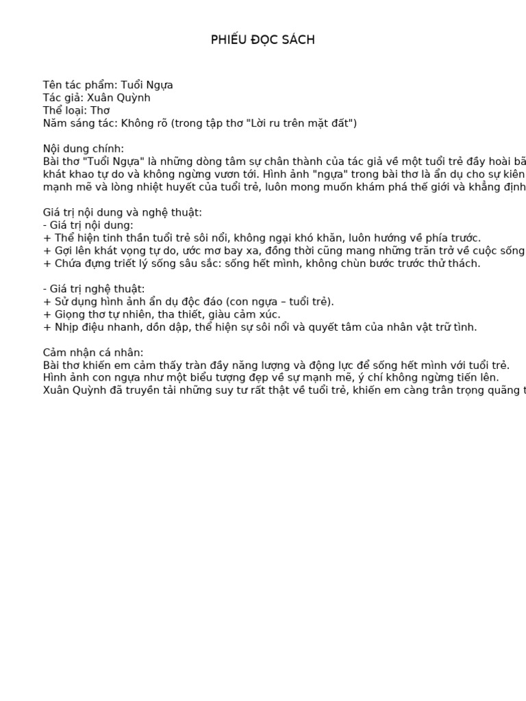 Phieu Doc Sach Tuoi Ngua | PDF