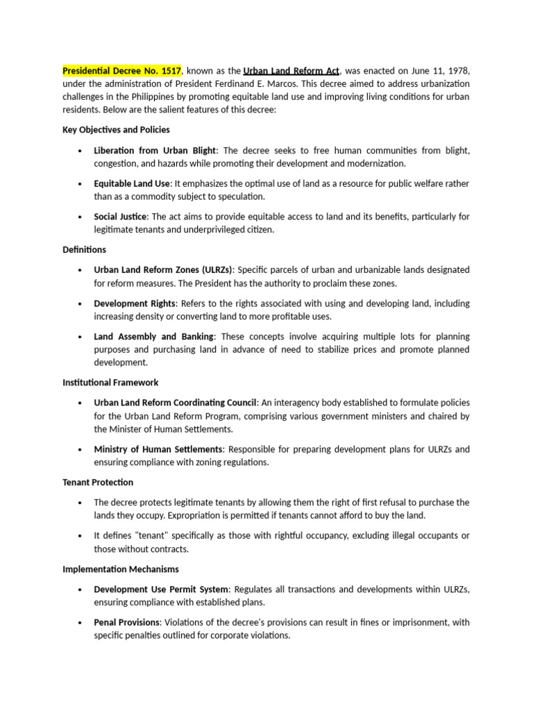 PD 1517 Salient Features | PDF | Policy | Regulatory Compliance