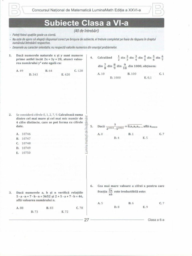 Luminamath 2022 - Clasa A Sasea | PDF