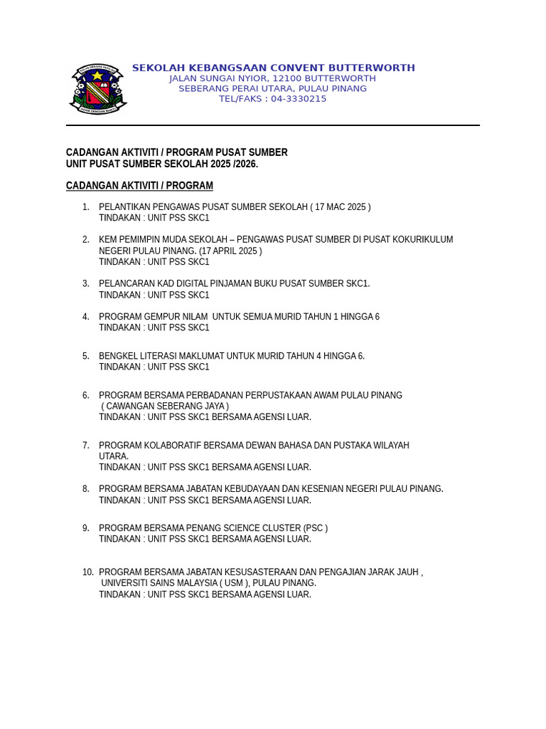 Aktiviti Program Unit PSS 2025 | PDF