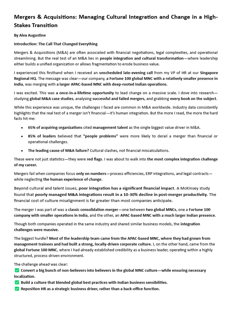 M&A Cultural Integration Guide | PDF | Mergers And Acquisitions ...