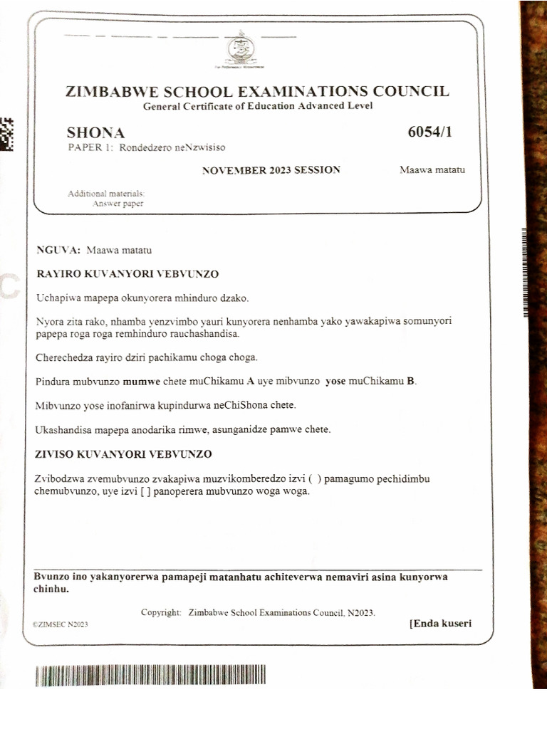 A Level Shona P1 Nov2023 | PDF