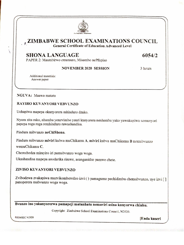 A Level Shona P2 Nov2020 | PDF