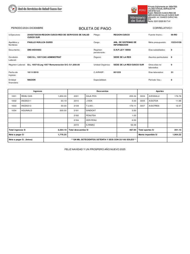 Bol - Pago - Dni - 44044863 - 2024-DICIEMBRE - PLANILLA DE CAS D L 057 PDF | PDF