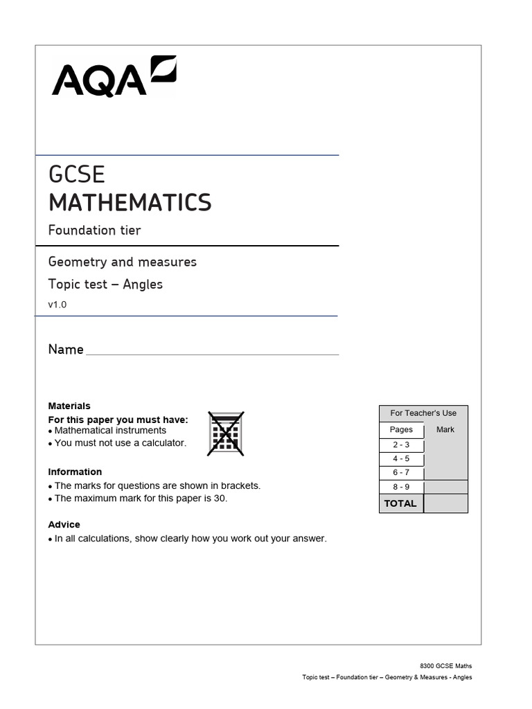 GCSE Foundation Angles Test | PDF | Line (Geometry) | Geometric Shapes