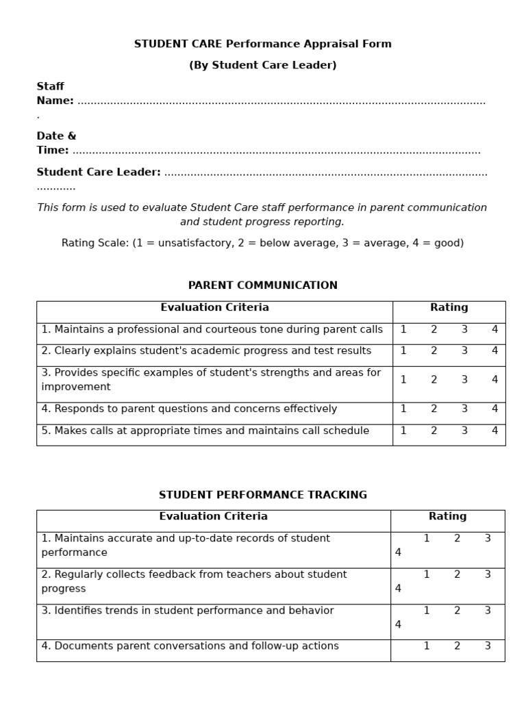 Staff Evaluation for Student Care | PDF | Performance Appraisal
