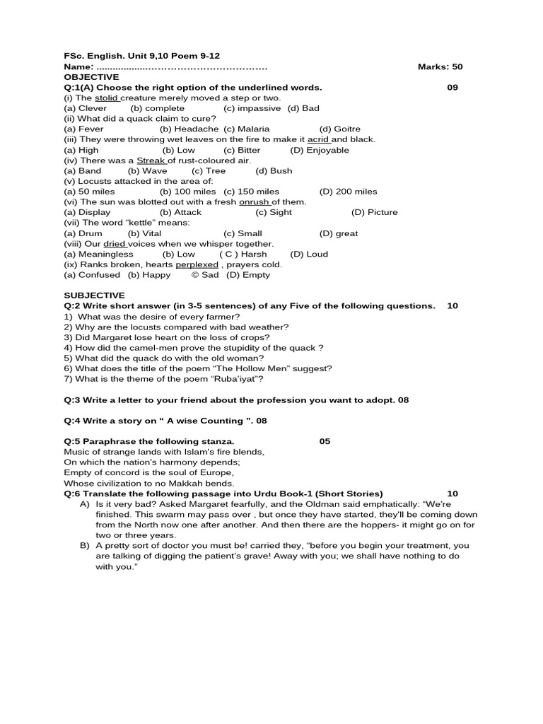 FSC English Unit 9-10, Poem 9-12 | PDF