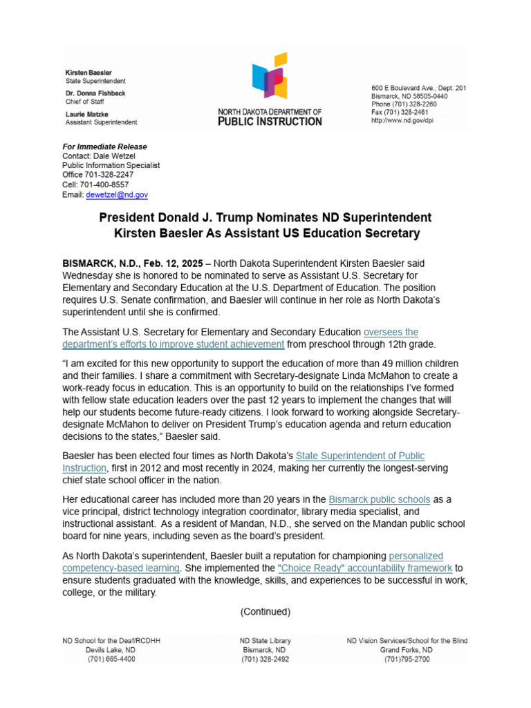 Baesler Nominated for Education Secretary | PDF