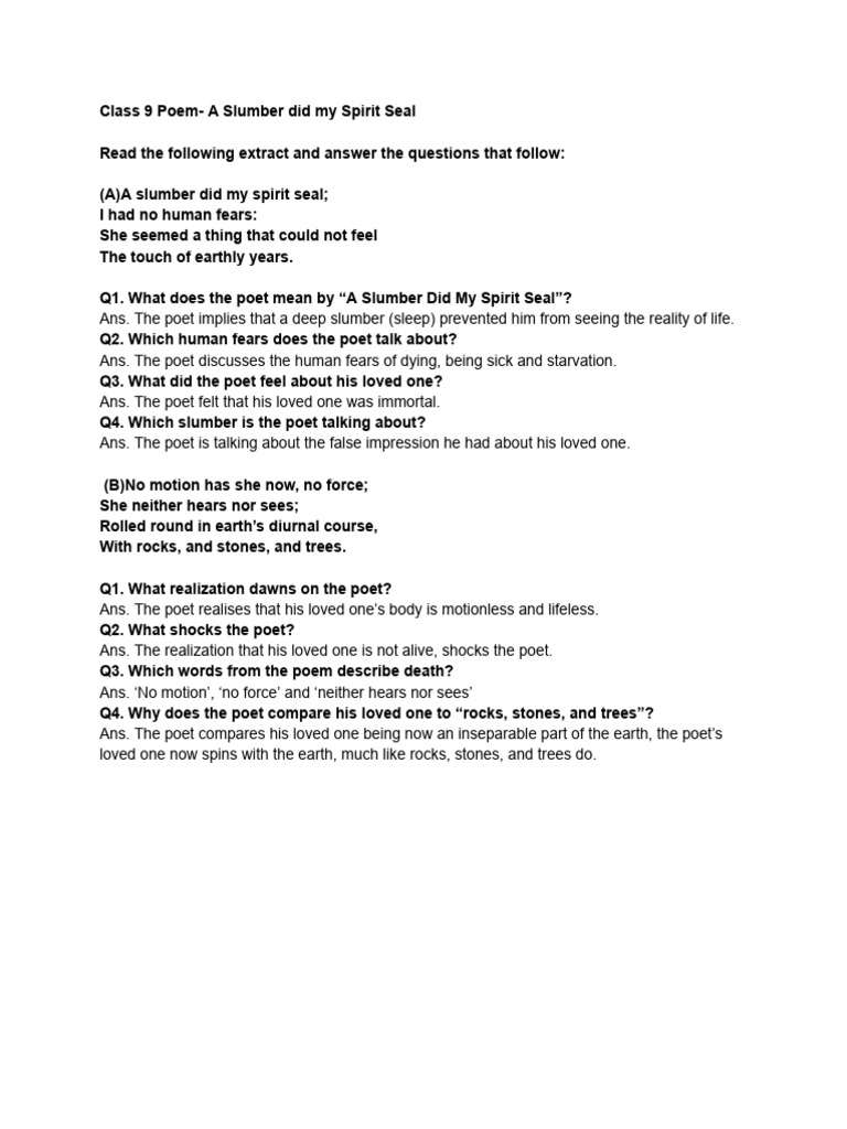 Class 9 Poem - A Slumber Did My Spirit Seal | PDF