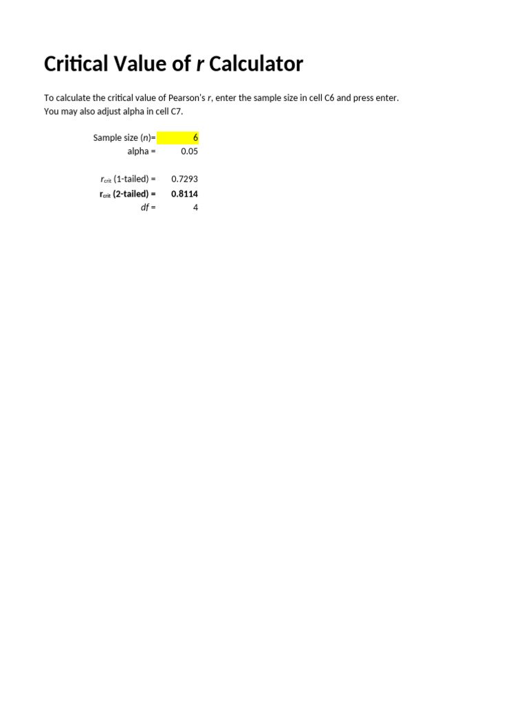 Critical Value of r Calculator | PDF