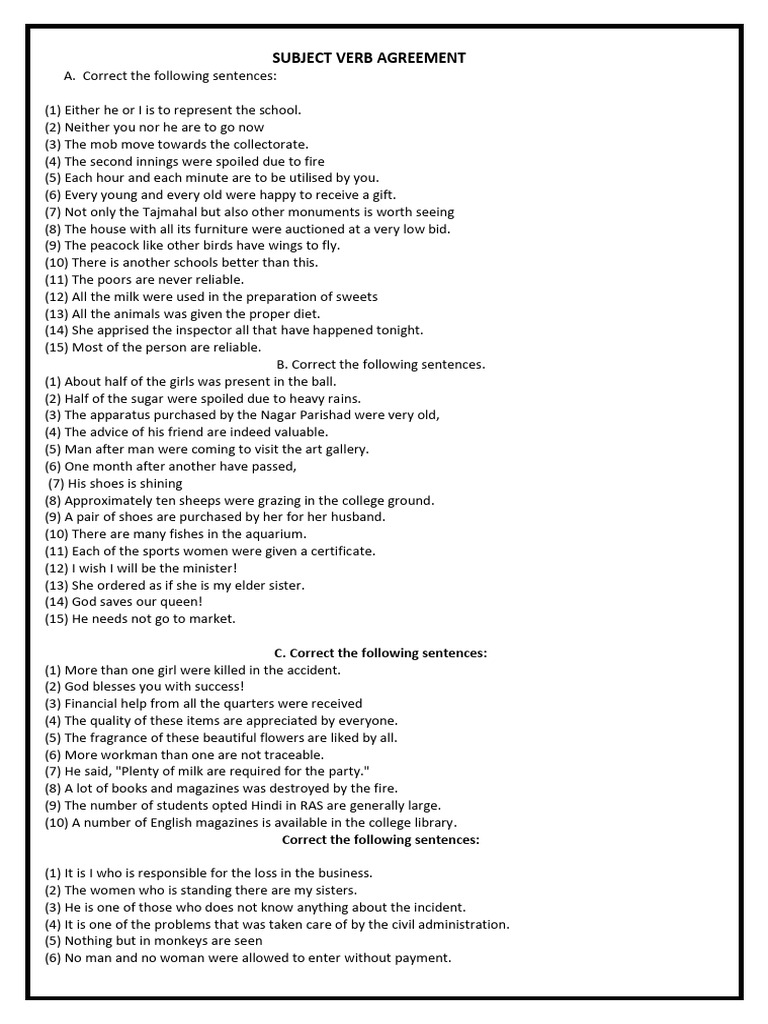 Subject Verb Agreement Worksheet | PDF